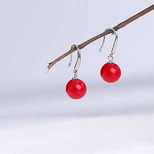 925 Sterling Silver Red Pearl Earrings for Women Dangle Drop Earrings for teen girls 10mm Pearl Festival Gifts for Mother Wife Daughter