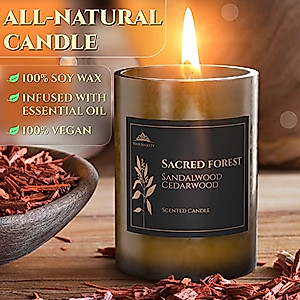 Sacred Forest Cedar & Sandalwood Candle [60H Burning Time] Natural Soy Candle Scented Infused with Essential Oils, Smokeless Aromatherapy Candle 8.81 Oz, Gift Packaging Included