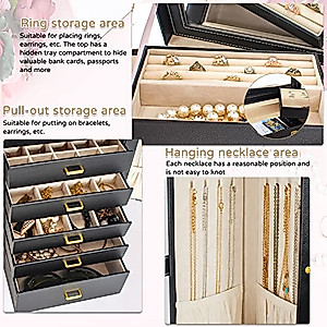 AKOZLIN Huge Jewelry Box Organizer Functional Lockable, Extra Large Leather Jewelry Storage Case for Women Girls Ring Necklace Earring Bracelet Holder Organizer with Mirror Black