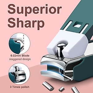 Jenney Nail Clipper with Catcher, Sharp Stainless Steel Fingernail and Toenail Cutters, No Splash Professional Nail Clippers with File, Dark Green Sturdy Durable Nail Trimmer for Women and Men