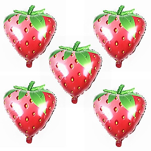 HORUIUS Strawberry Balloons Fruit Strawberry Foil Mylar Balloons for Baby Shower Strawberry Themed Party Birthday Decoration Supplies 28 inch 5PCS