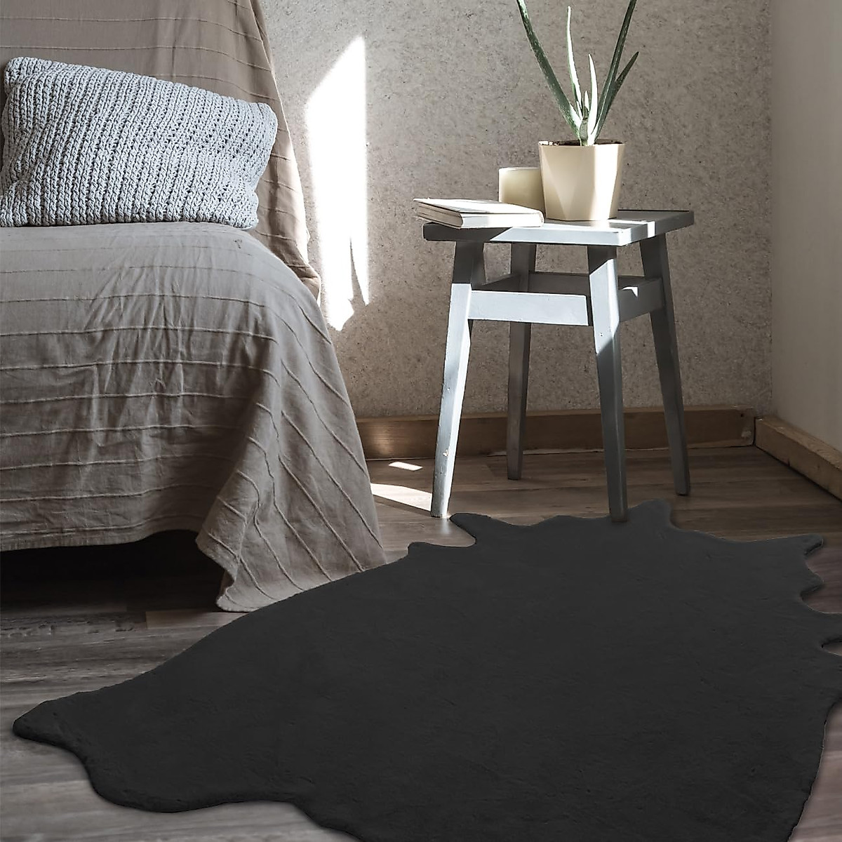 Faux Fur Cowhide Rugs (5 * 7 ft), Machine Washable Cow Print Area Carpet Black Color with Non-Slip Suede Backing, Durable & No Shedding
