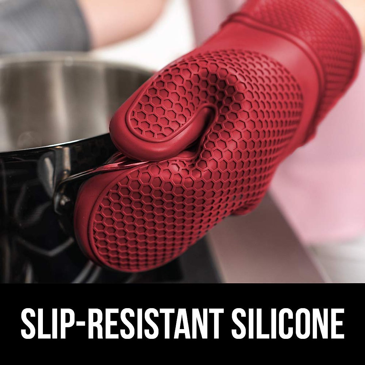 Gorilla Grip Manual Can Opener and Silicone Oven Mitts, Manual Can Opener Includes Built In Bottle Opener, Oven Mitts are 14.5 Inch, Both in Red Color, 2 Item Bundle
