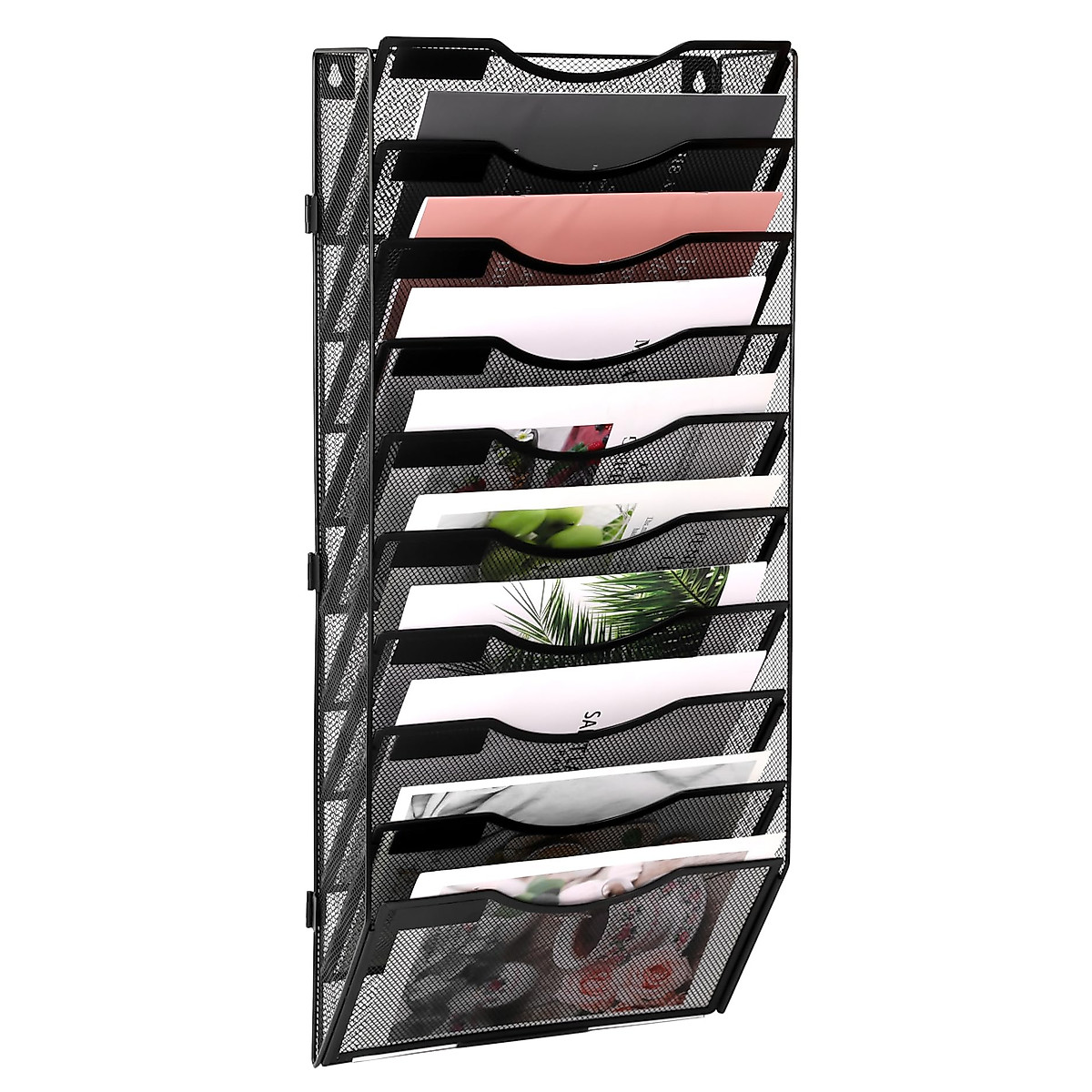 EasyPAG Mesh Wall File Holder 10 Pocket Assembly Office Hanging File Folder Organizer Magazine Rack Mail Sorter Bin | Nametag Label Included, Black