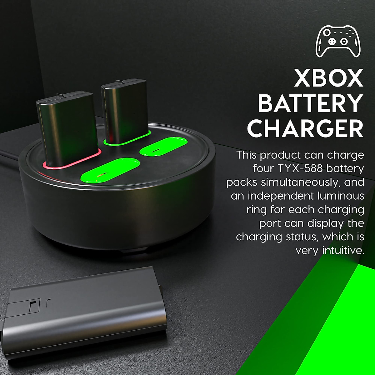 TalkWorks Xbox Battery Charger Station w/ 4 Rechargeable Batteries - 5' Cable Light Up USB-C Multi-Battery Charging Pack for X-Box Game (Black)