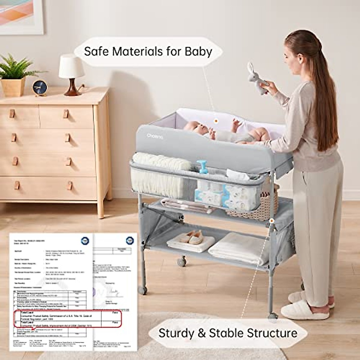 Baby Changing Table Portable Adjustable Changing Station for Tall, Foldable Diaper Changing Tables, Easy Clean Changing Table Topper, Large Storage Cholena Changing Station for Nursery, Light Grey