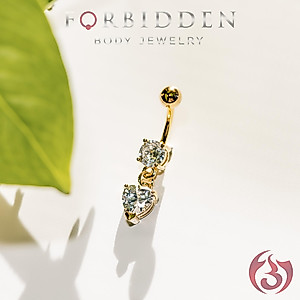 Forbidden Body Jewelry 14kt Gold Plated Surgical Steel Clear CZ Dangle Belly Button Ring with Crystal Heart Charm