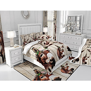 Manfei Kids Donkey Duvet Cover Set Twin Size, Floral Animal Theme Comforter Cover with 1 Pillowcase, Rustic Farmhouse Bedding Set 2pcs for Boys Girls Bedroom Decor Grey Wooden Board Bedspread Cover