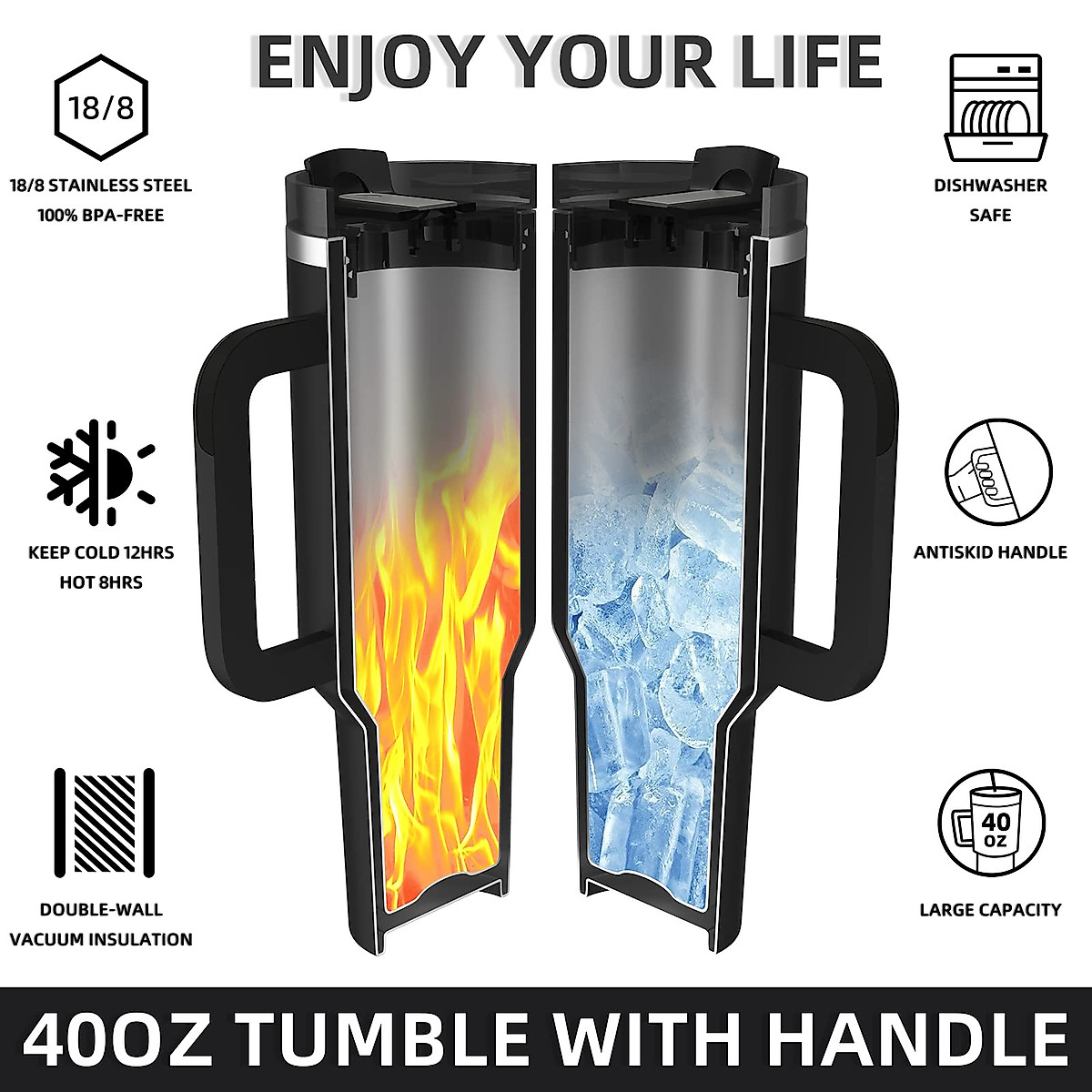 MURRICON 40 oz Tumbler with Handle and Straw,Reusable Vacuum Quencher Tumbler with Lid,Stainless Steel Insulated Travel Mug,for Coffee and Beverages(Black)