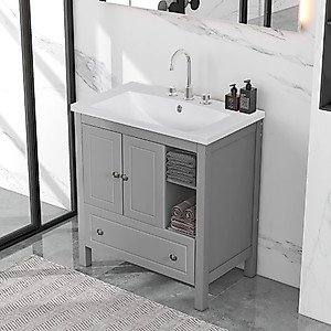 LUMISOL 30" Bathroom Vanity with Sink, Modern Bathroom Vanities with Soft-Closing Doors and Storage Drawer, Solid Wood Bathroom Cabinet with Ceramic Sink, Grey