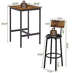 KIVENJAJA Bar Table and Chairs Set for 2, 3-Piece Small Square Pub Bistro Table and Upholstered Stools with Backrest, Counter Height Dining Table Set for Kitchen Small Space, Rustic Brown