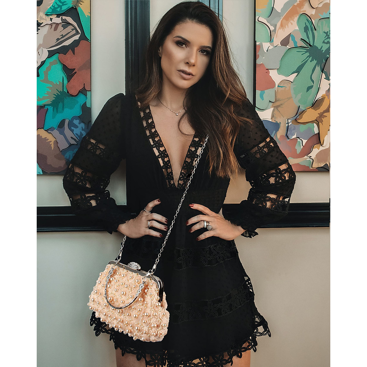 Women Mini False Pearls Evening Handbag Clutch Metal Top-handle Bag Chain Strap Cross-body Bag