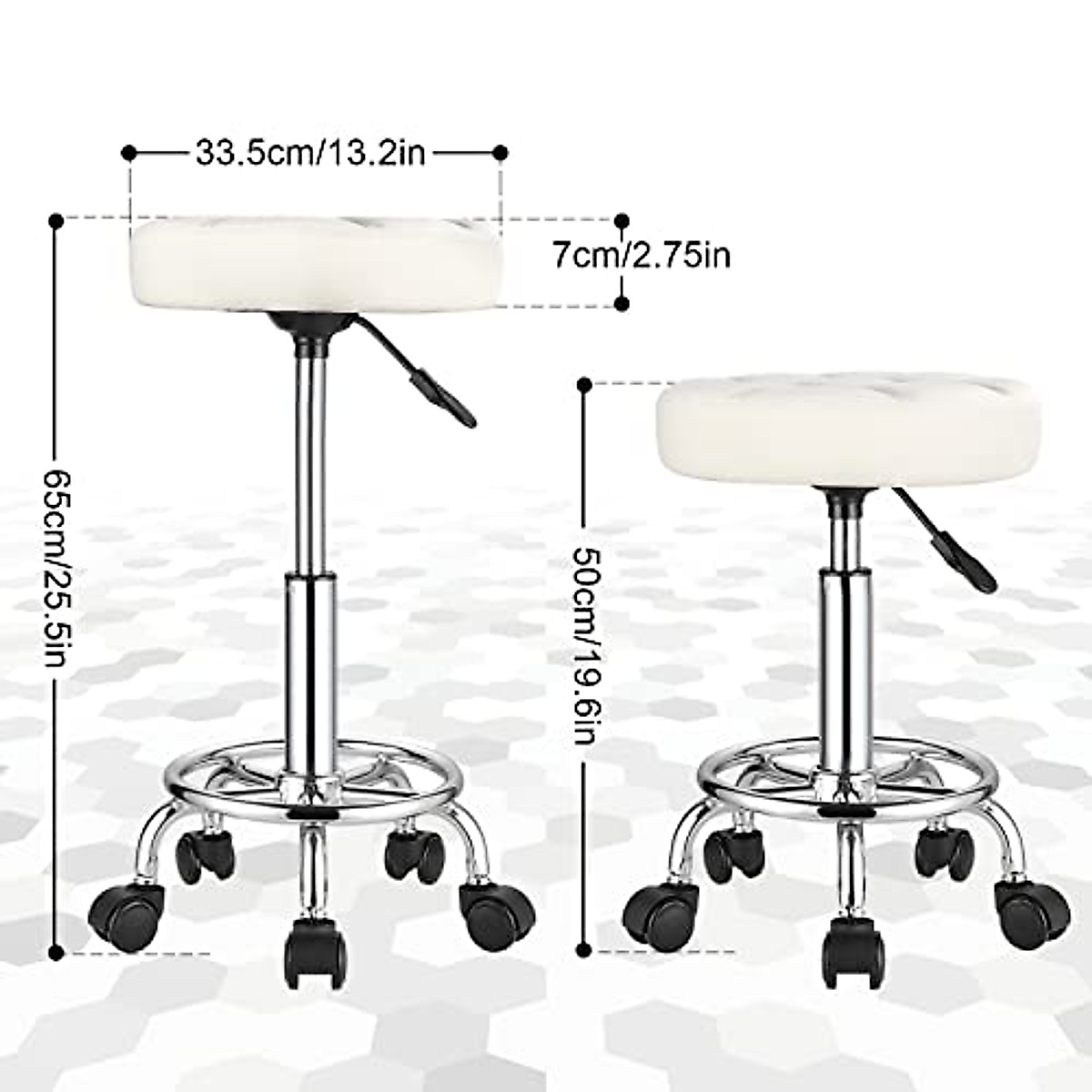 FNZIR Round Rolling Stools PU Leather Seat Height Adjustable Swivel Stool with Wheels White