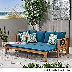 Great Deal Furniture Camille Beach Outdoor Extendable Acacia Wood Daybed Sofa, Teak and Dark Teal