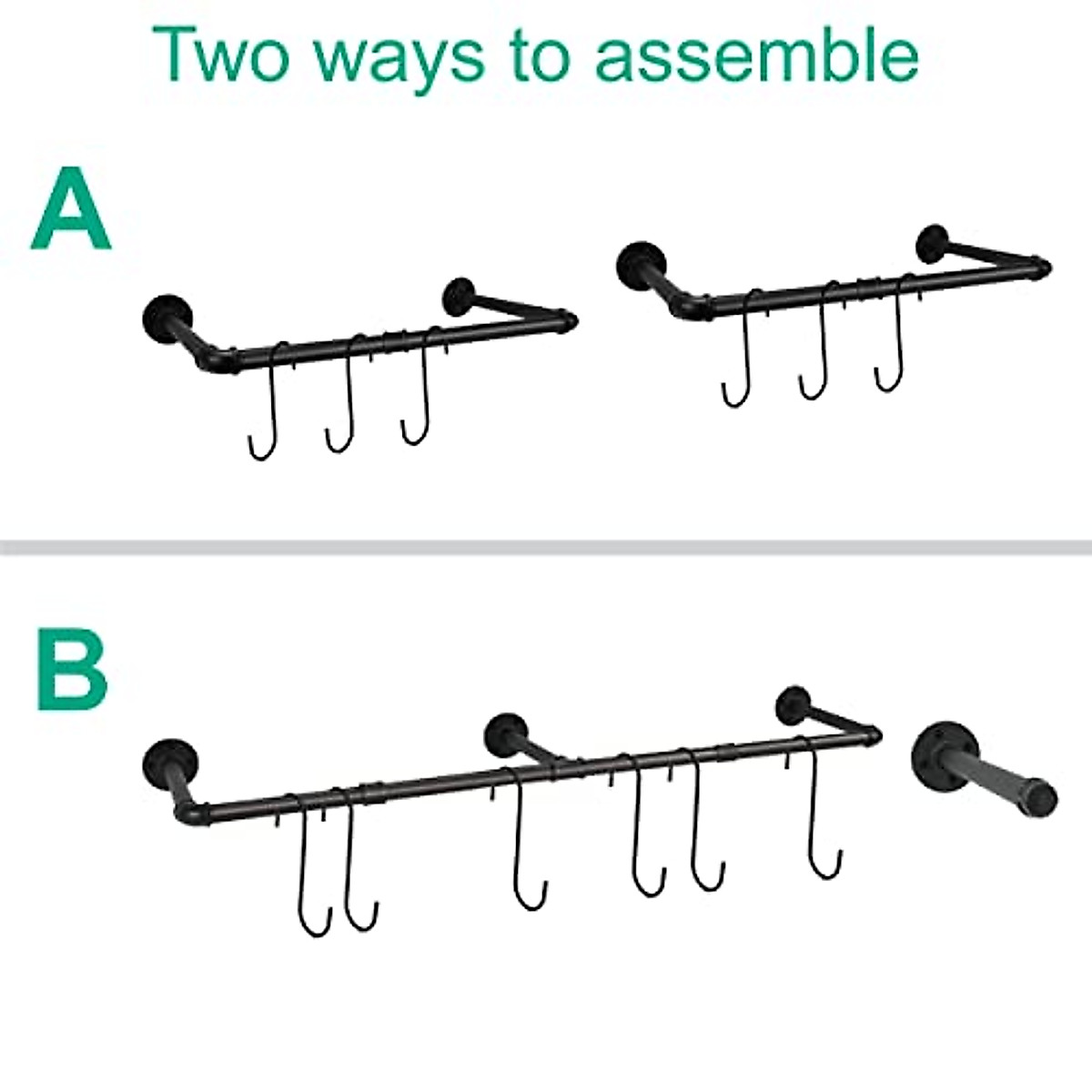 Industrial Pipe Clothes Bar Wall Mounted Rustic Metal Garment Rack Heavy Duty Hanger Holder Laundry Room Boutique Store Clothing Display Black