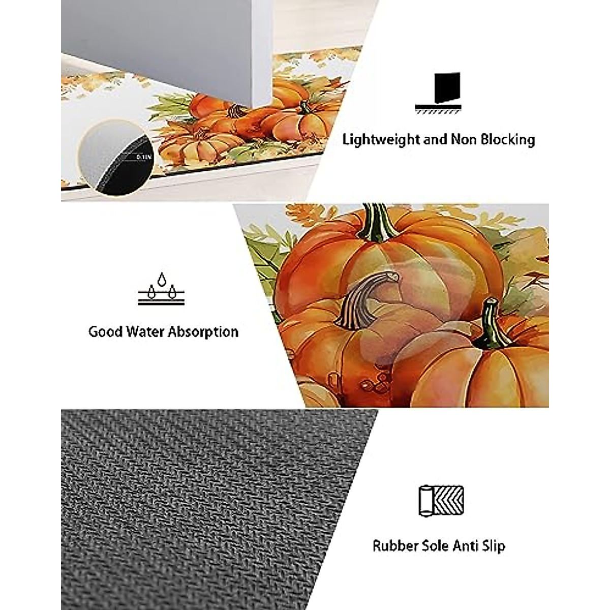 Autumn Pumpkins Bath Mat for Tub,Non Slip Bathroom Floor Runner Rug Quick Dry & Absorbent Diatomaceous Earth Kitchen Room Shower Sink Washable Doormat,Thanksgiving Eucalyptus Maple Leaves 18"x30"