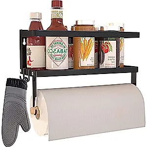 Magnetic Paper Towel Holder for Refrigerator, Magnetic Spice Rack,Magnetic Shelf for Stove,Wall Mount Towel Rack with Hooks,Refrigerator Organizer for Kitchen (Black)