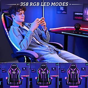 Gaming Chair with Bluetooth Speakers and LED RGB Lights Ergonomic Massage Computer Gaming Chair with Footrest High Back Music Video Game Chair with Lumbar Support Purple and Black