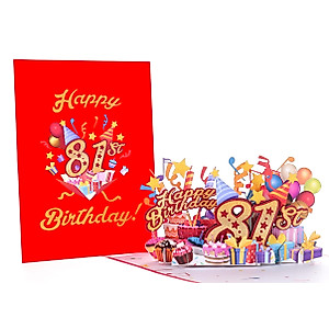 iGifts And Cards Happy 81st Red Birthday 3D Pop Up Greeting Card – Awesome 81 Birthday Card For Woman, Man, Happy Eighty One Birthday Gift For Mom, Dad, Best Wife, Husband Unique Present, 5" X 7"