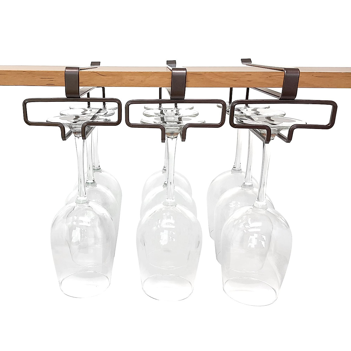KOMONG Bronze Wine Glass Holder under Shelf, Hanging Wine Glass Rack under Cabinet, No Screw Stemware Rack Hanger, No drilling Wine Glass Storage Organizer, Set of 3