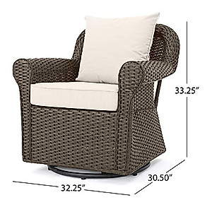 Christopher Knight Home Clement Outdoor 4 Seater Wicker Swivel Chair and Fire Pit Set, Dark Brown, Beige, Matte Black