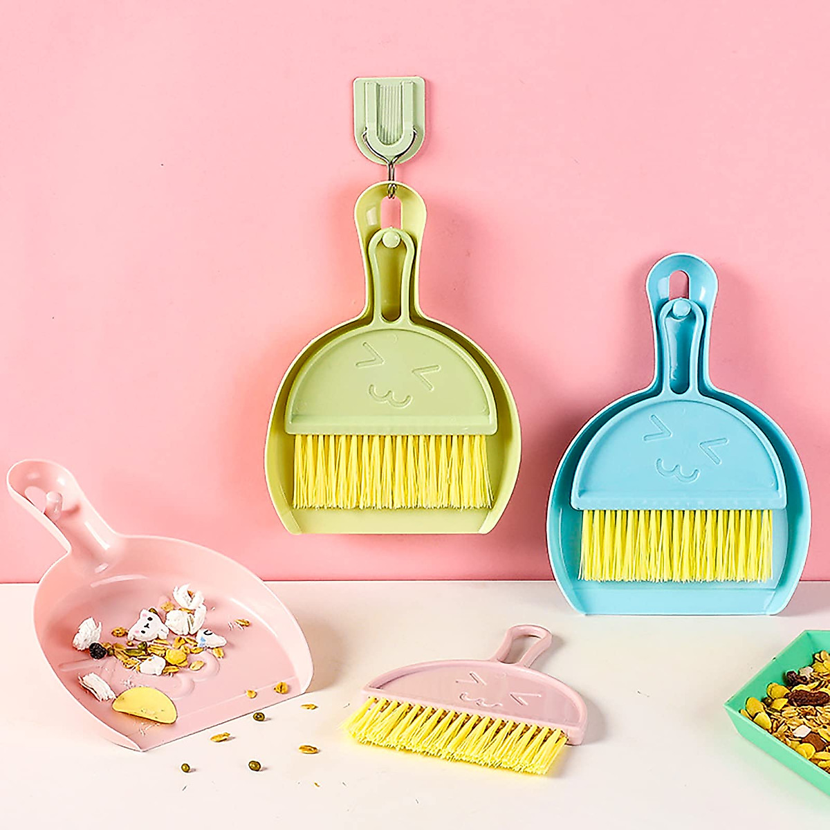 WUWEOT 9 Pack Small Broom and Dustpan Set, Clean Dust Pans with Brush, Hand Whisk Broom and Snap-on Dustpan Set with Hanger Hole