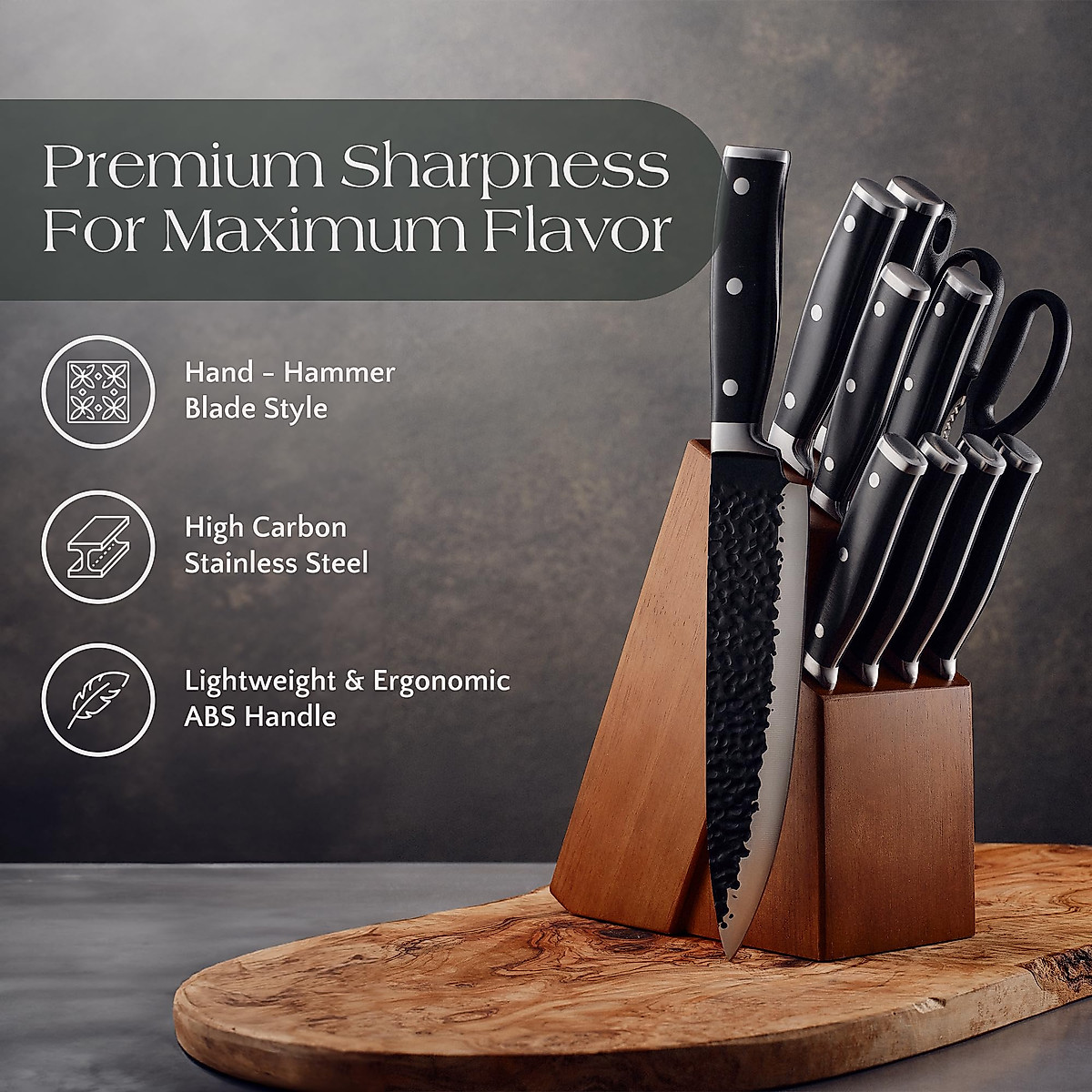 OrGREENiC Hammered High Carbon Steel Knife Set - Non-Stick Tsuchimi Blade Texture, Ergonomic Handle, Professional Sharpness for Precision Cutting - Includes Chef, Bread, Utility, and Steak Knives