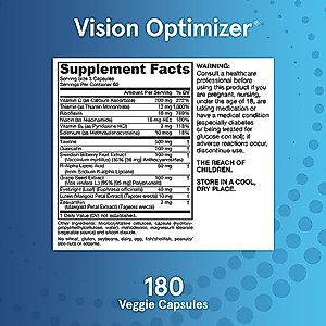 Jarrow Formulas Vision Optimizer Veggie Capsules - 180 Count - Eye Supplement - Dietary Supplement - with Grape Seed Extract, Lutein & Zeaxanthin, Quercetin & More - Non-GMO - Gluten Free