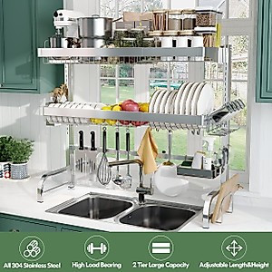 BOOSINY Over Sink Dish Drainer Drying Rack,Adjustable (25.5"-35.5") 3 Tier Large Dish Racks for Kitchen Storage Counter Organizer,Full 304 Stainless Steel Shelf with Utensil Holder and 10 Hooks