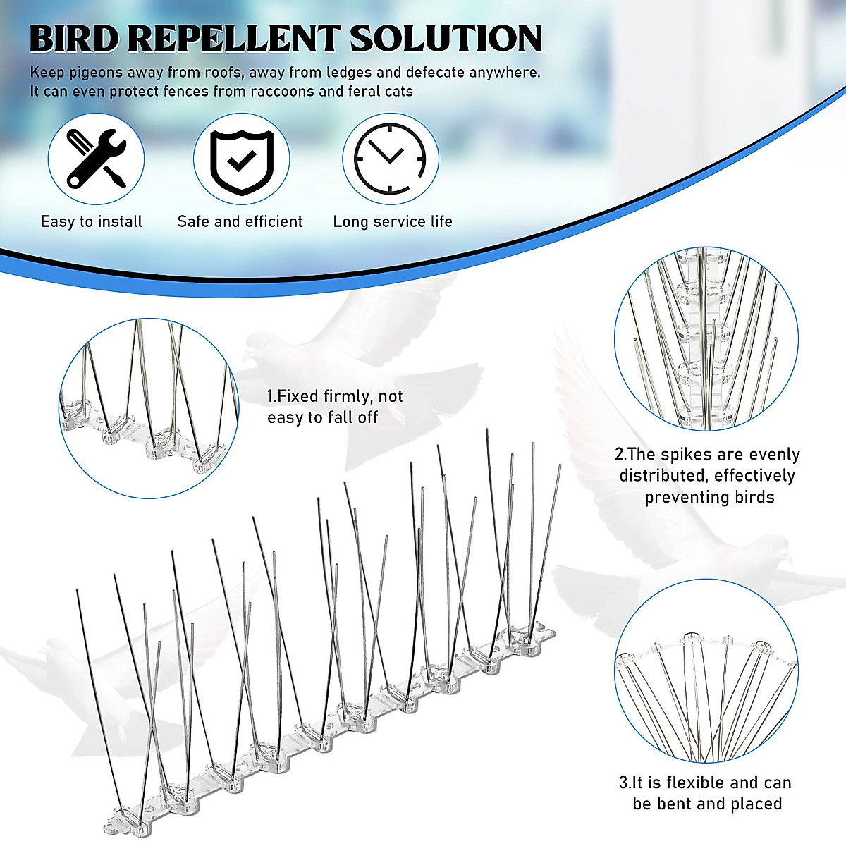 Stainless Steel Bird Spikes Anti Pigeons Deterrent Kit Bird Spikes Anti Climb Security Wall Fence Away from Roof Windowsill Deterrent for Birds Crows and Woodpeckers Easy Setup and Remove (2 Pieces)
