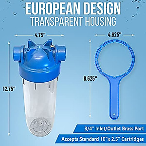 10 Inches European Design Transparent Standard Whole House Water Filter System with Presser Relief Valve, 3/4” Inlet/Outlet Brass Port and Yearly Supply (4) Sediment Cartridges 5 Micron