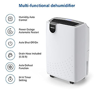 Yaufey 2500 Sq. Ft Home Dehumidifier for Medium to Large Rooms and Basements with Auto or Manual Drainage, 0.48 Gallon Water Tank Capacity - Low Noise and 24 Hr Timer