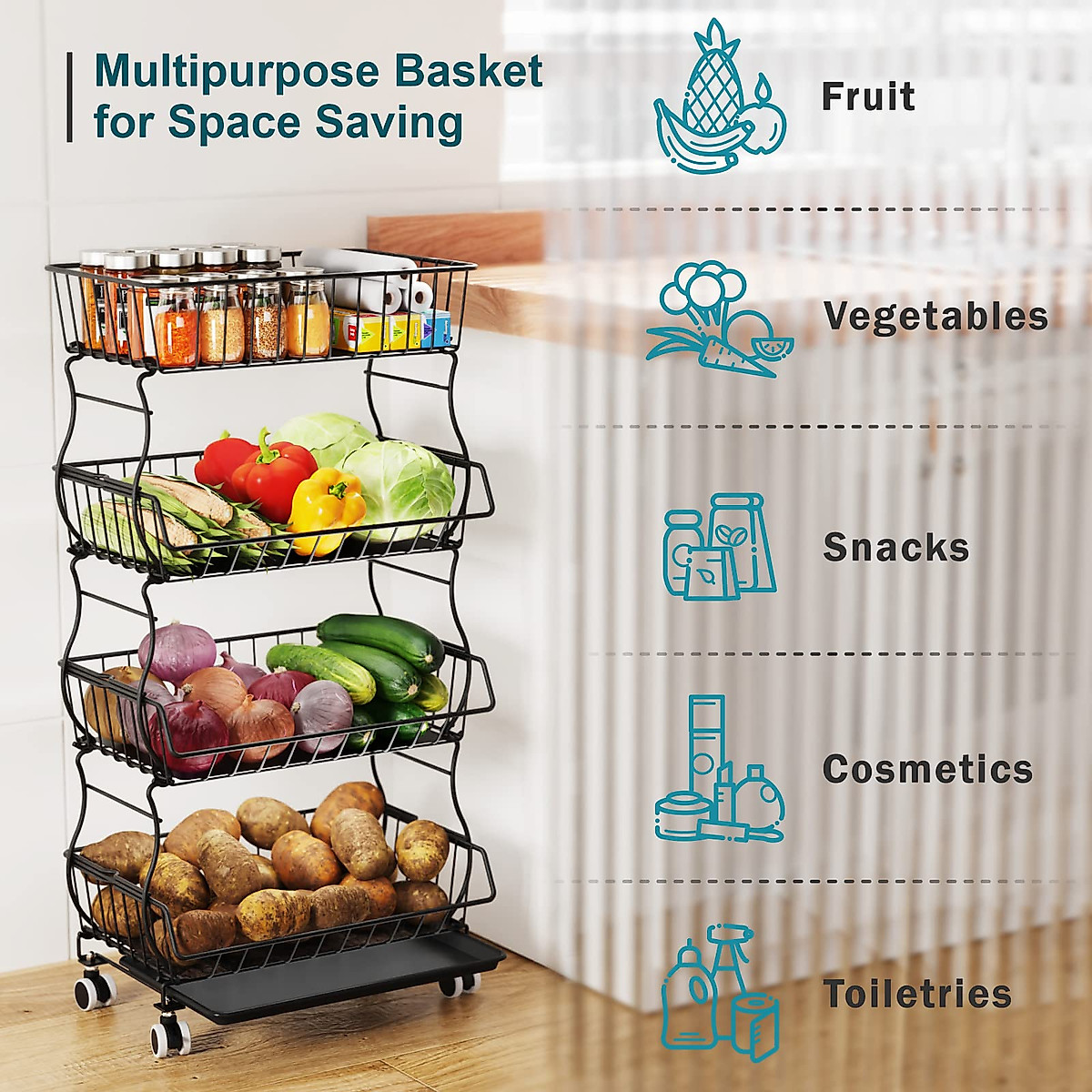 Onion and Potato Storage, Packism 4 Tier Fruit Vegetable Storage Basket with Protective Mats, Rolling Cart Vegetable Storage with Lockable Wheels for Kitchen, Bathroom, Pantry - Black