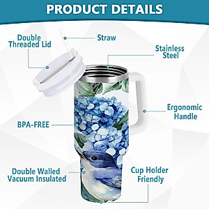 ALAZA Blue Hydrangea Flowers Bird 40 oz Tumbler Water Bottle with Straw Lid and Handle,Reusable Insulated Stainless Steel Cup for Women Men Travel Car Cup Holder