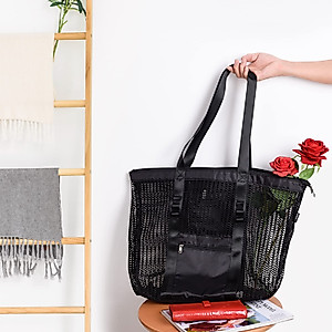 Tainehs Mesh Beach Tote Large Bag Shopping bags Grocery bag 2023 Upgrade for Women with Multiple Pockets for Family Shopping Travel Swimming Waterproof Pool Bag Black