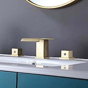 TapLong Solid Brass Modern Waterfall Bathroom Basin Faucet 3 Holes 2 Square Handles Brushed Gold Sink Faucet