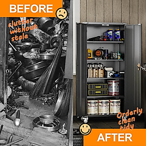 Aobabo Metal Garage Storage Cabinet on Wheels, Double Handle Lock Steel Storage Cabinet with 2 Doors, 4 Shelves Adjustable Black, Assembly Required