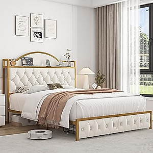 HITHOS Full Size Bed Frame with 2 Drawers and Storage Headboard, Button Tufted Modern Upholstered Platform Bed with Charging Station, No Box Spring Needed, 51.6" Tall Headboard, Off White