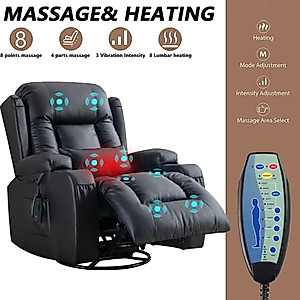 OBBOLLY Swivel Rocker Recliner Chair with Massage, Manual Glider Rocking Recliner Chair, Wingback Design 360?Swivel Chair with Lumbar Pillow, Cup Holders for Living Room (Single, Black-pu)