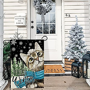 CROWNED BEAUTY Hello Winter Snow Cat Garden Flag 12x18 Inch Small Double Sided Yard Decorative Holiday Seasonal Outside Welcome Burlap Farmhouse Decoration