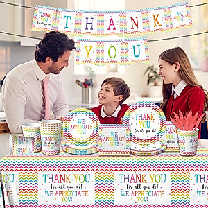 142Pcs Thanksgiving Paper Plates and Napkins Sets Thank You Party Decorations We Appreciate You Plates and Napkins Set with Cups Tablecloth and Banner Appreciation for Employee Teacher Doctor Parents