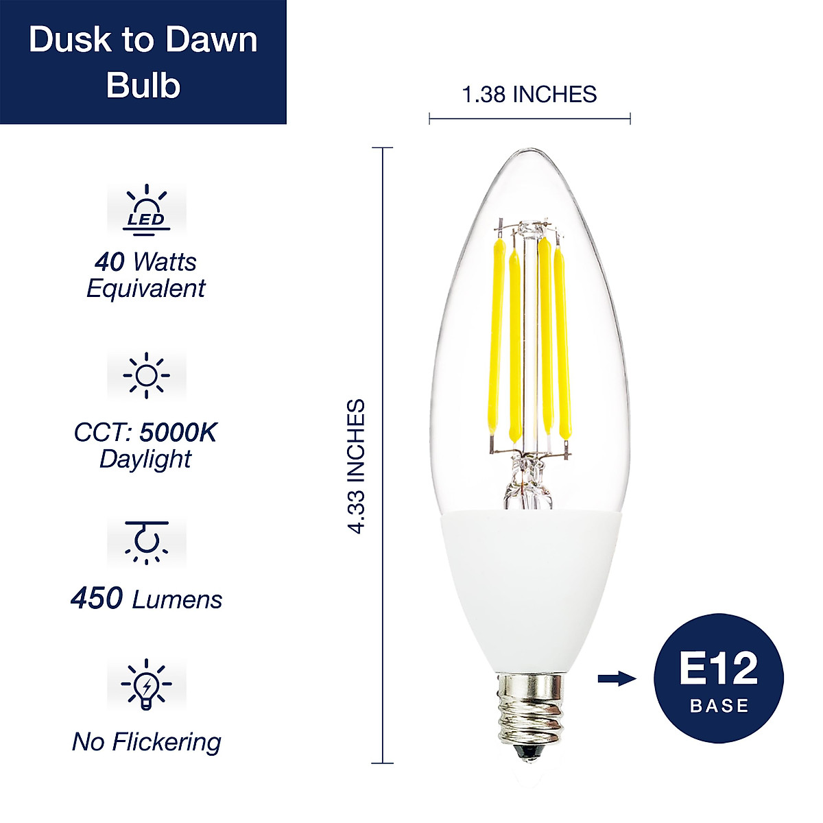 FLSNT Dusk to Dawn Outdoor Sensor LED Edison Bulbs, 4W (40W Eqv.), 450LM, B11 LED Candelabra Bulb E12 Base, Auto On/Off Photocell for Energy-Efficient, 5000K Daylight White, 4 Pack