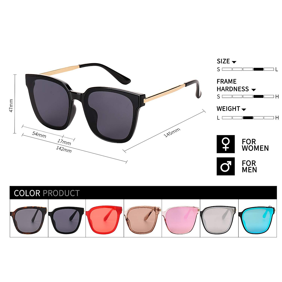 U.I STATION Square Sunglasses Womens Mens Oversized Mirrored lens U886 (BLACK)