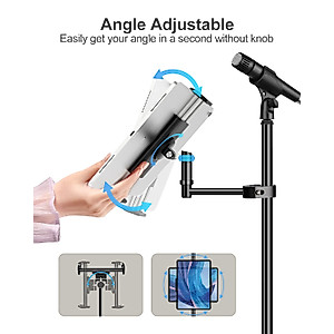 elitehood Newest Aluminum iPad Holder for Mic Stand, Side Mount iPad Music Stand Holder for Microphone, 360° Swivel Tilt Adjustable Mic Stand Tablet Holder for iPad, iPhone and More 4-13in Tablet