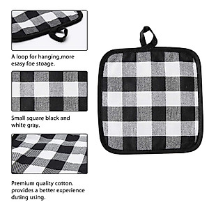 GROBRO7 6Pcs Buffalo Check Plaid Oven Mitts and Pot Holders Set Pure Cotton Heat Resistant Potholders Washable Durable BBQ Gloves with Hanging Loop for Safe Kitchen Baking Cooking Grilling White&Black