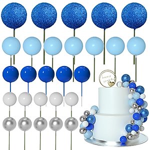 ASTARON 50 Pcs Ball Cake Topper Sticks Mini Balloons for Cake Decorating Supplies Foam Balls Cake decorations for Baby Shower Cake Birthday Cake Toppers Decorations (Blue Series)