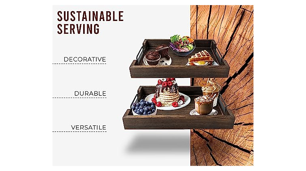Rustic Wooden Serving Trays with Handle - Set of 2 - Large and Small ...