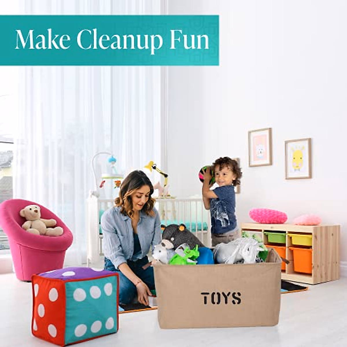 Woffit Toy Organizer Baskets - Set of 2 Collapsible Kids Toy Boxes w/Leather Handles - Living Room, Nursery and Playroom Storage & Organization, Beige