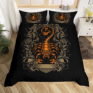 Exotic Scorpion Comforter Cover Ethnic Tribe Skeleton Bedding Set,Vintage Scorpion Tattoo Animal Duvet Cover Wildlife Scorpius Constellation Bed Sets King Size Zodiac Scorpio Gifts for Men