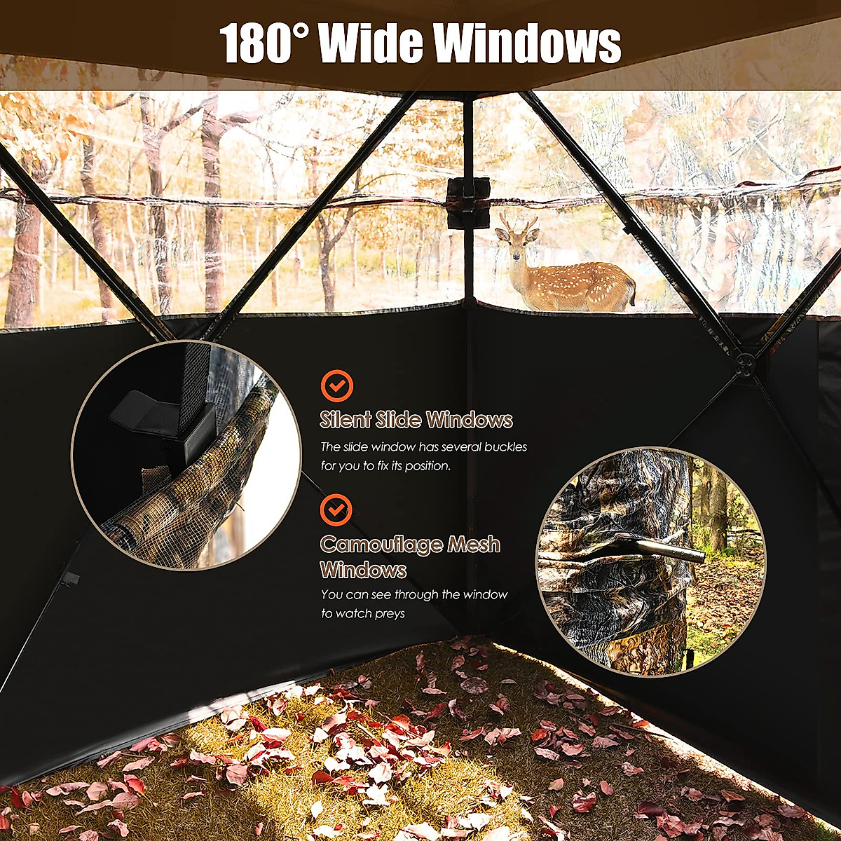 GYMAX Hunting Blind, 3 Person Pop Up See Through Silent Sliding Ground Blind with Hub System, Triangle Zipper Door & Carry Bag, Camouflage Mossy Backwoods Waterproof Deer Hunting Blind Tent